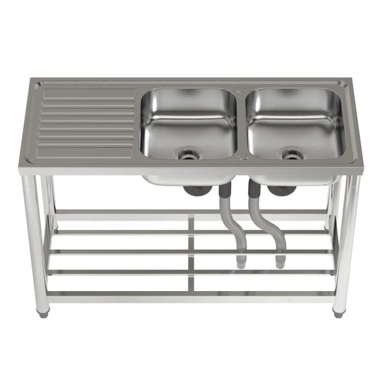Double-Basin Stainless Steel Workbench Sink with Drainboard ...