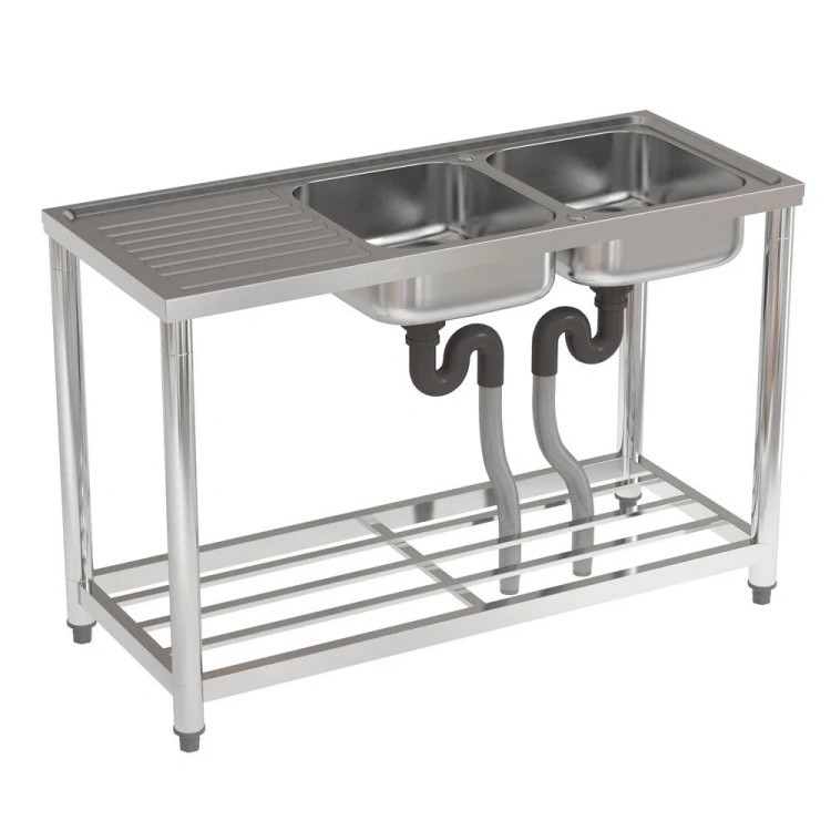 Double-Basin Stainless Steel Workbench Sink with Drainboard ...